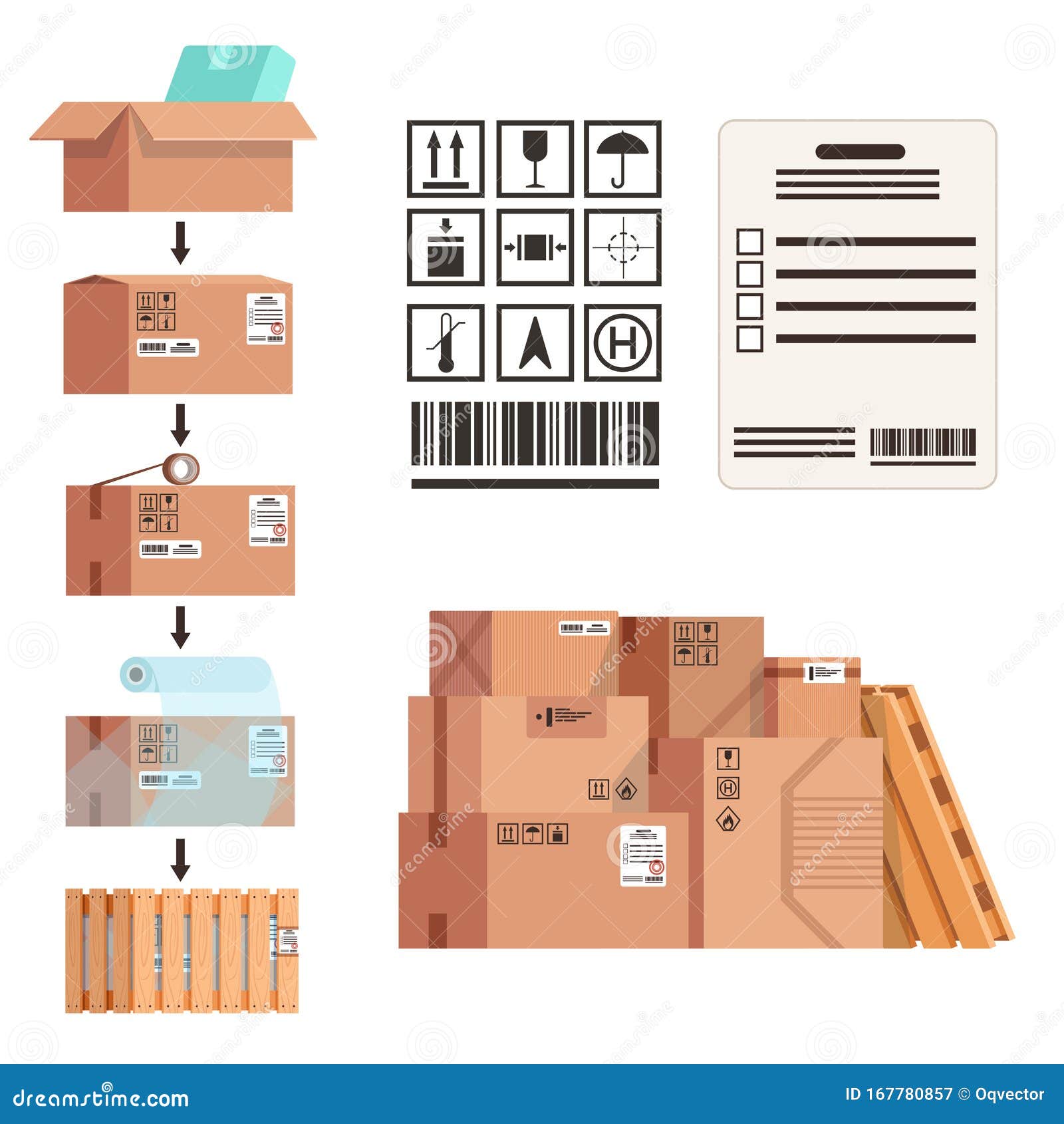 Stages of Shipment. Packaging and Shipping Boxes. Set of Labeling for ...