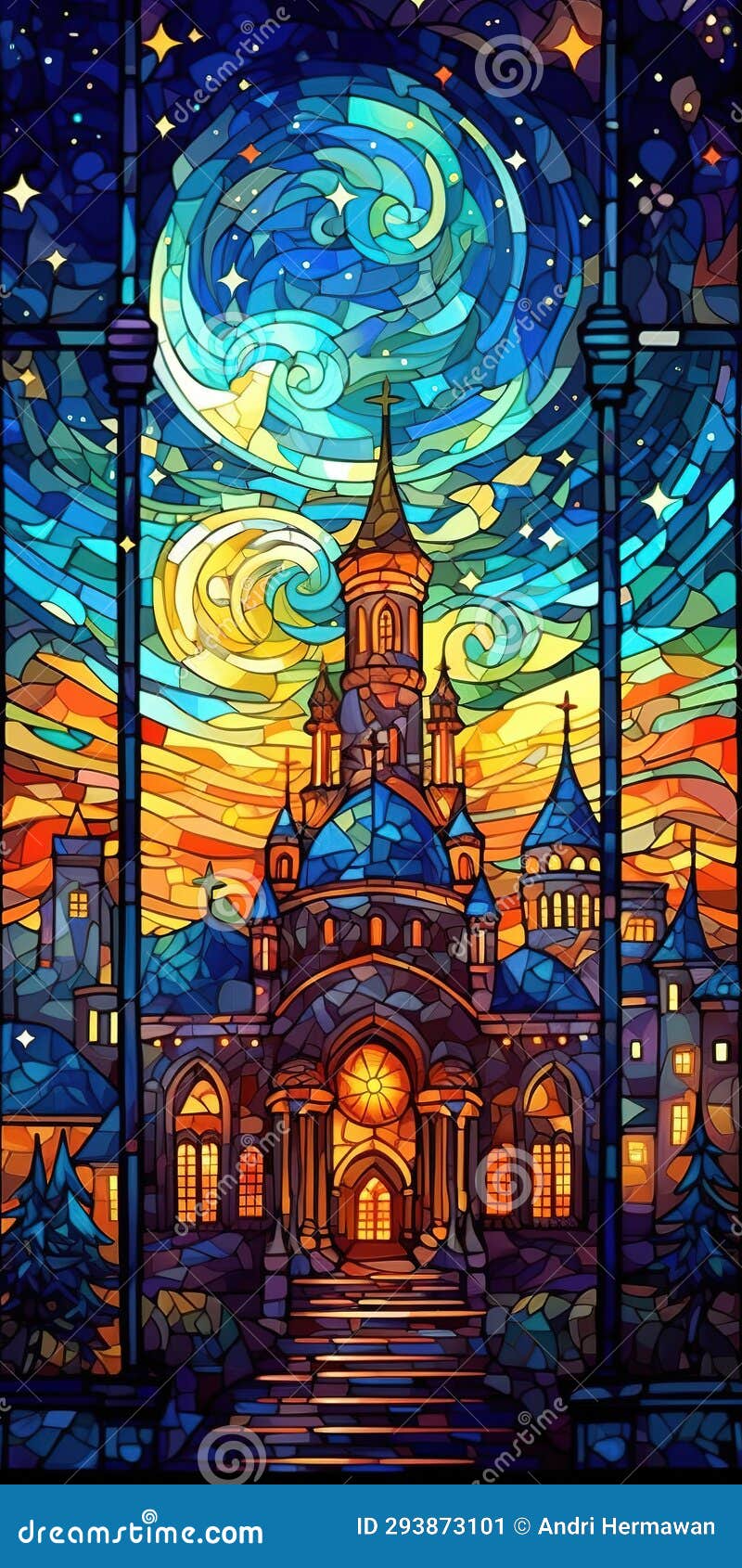 A Stained Glass of Castle with Starry Night Stock Illustration ...