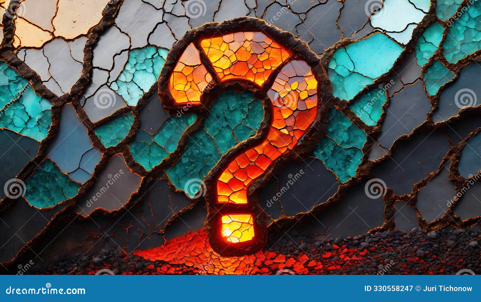 A Stained Glass Design Featuring a Lava Question Mark on a Cracked Lava ...