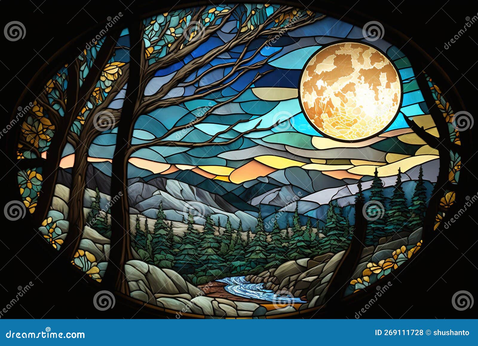 Stained Glass With Full Moon Stock Illustration Illustration Of Pattern Holy 269111728