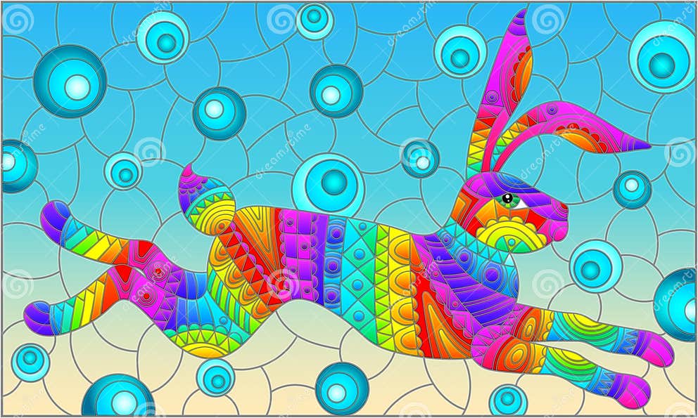 A Stained Glass Illustration with Abstract Bright Rabbit, Animals on a ...