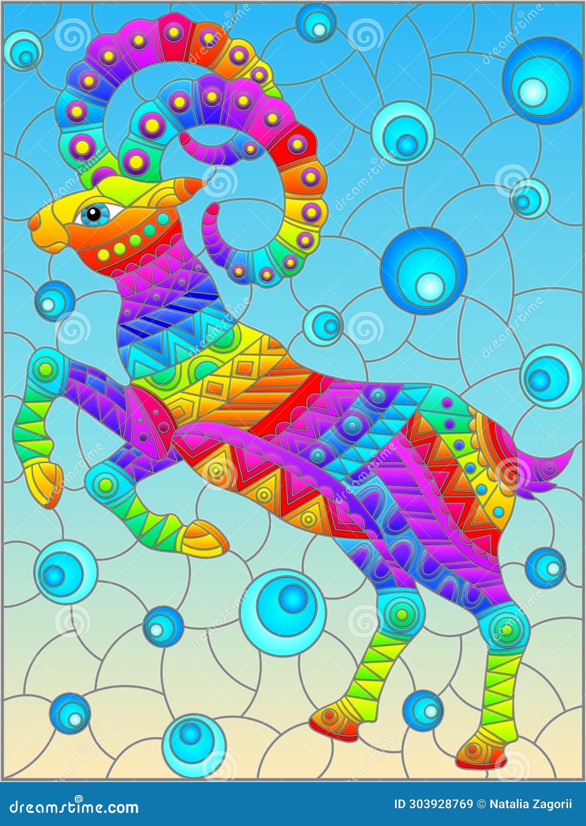 A Stained Glass Illustration with Abstract Bright Ram, Animal on a Blue ...
