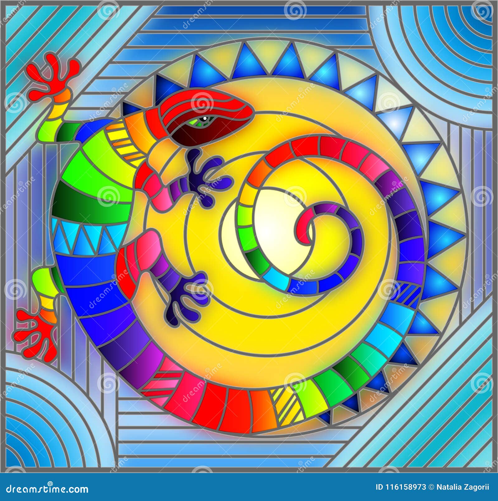 Stained Glass Illustration with Abstract Rainbow Lizard on Blue ...