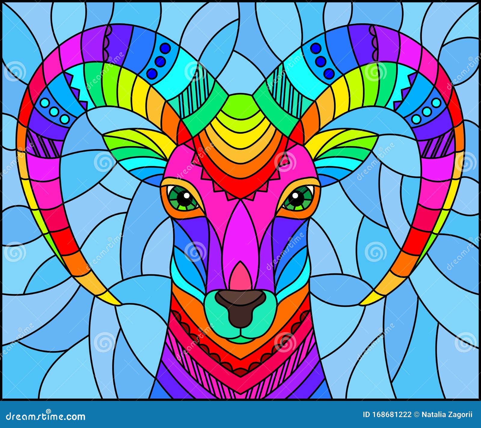 Stained Glass Illustration with Abstract Rainbow Ram Head on a Blue ...