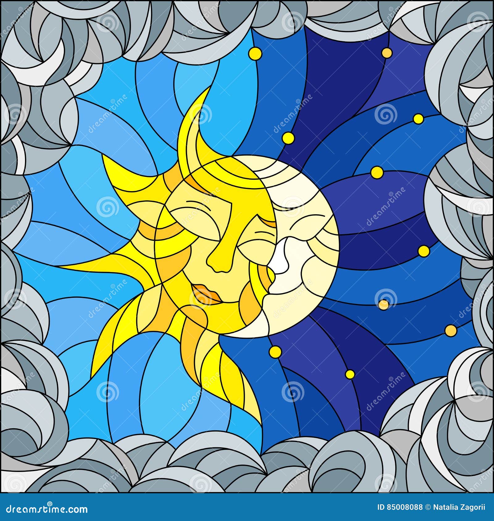 Stained Glass Illustration , Abstract Sun and Moon in the Sky Stock ...