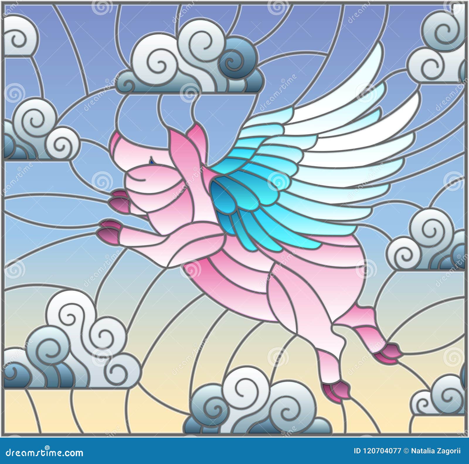 Stained Glass Illustration with Abstract Winged Pig on the Sky and ...