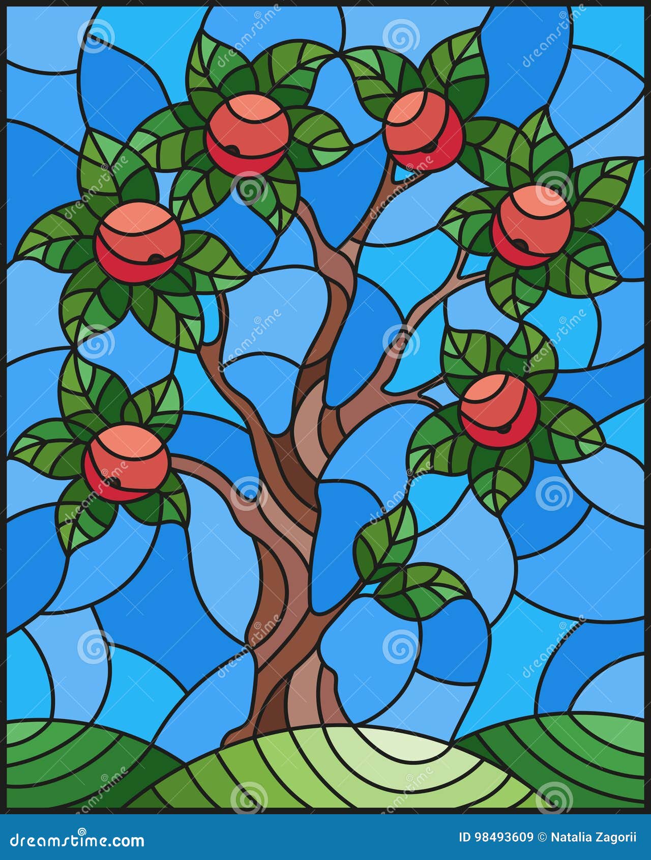 Stained Glass Illustration with an Apple Tree Standing Alone on a Hill ...
