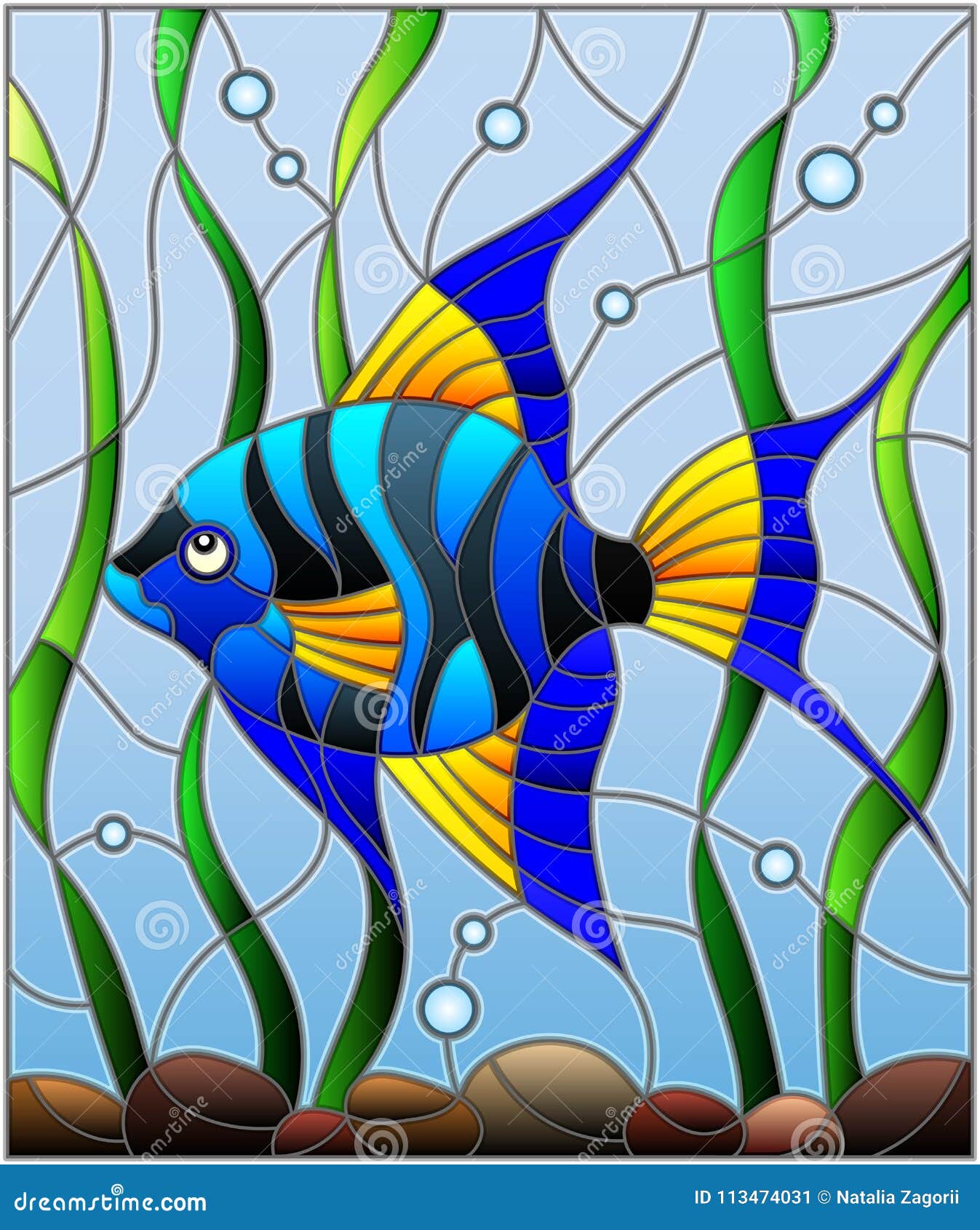 Stained Glass Illustration Blue Fish Scalar on the Background of Water ...