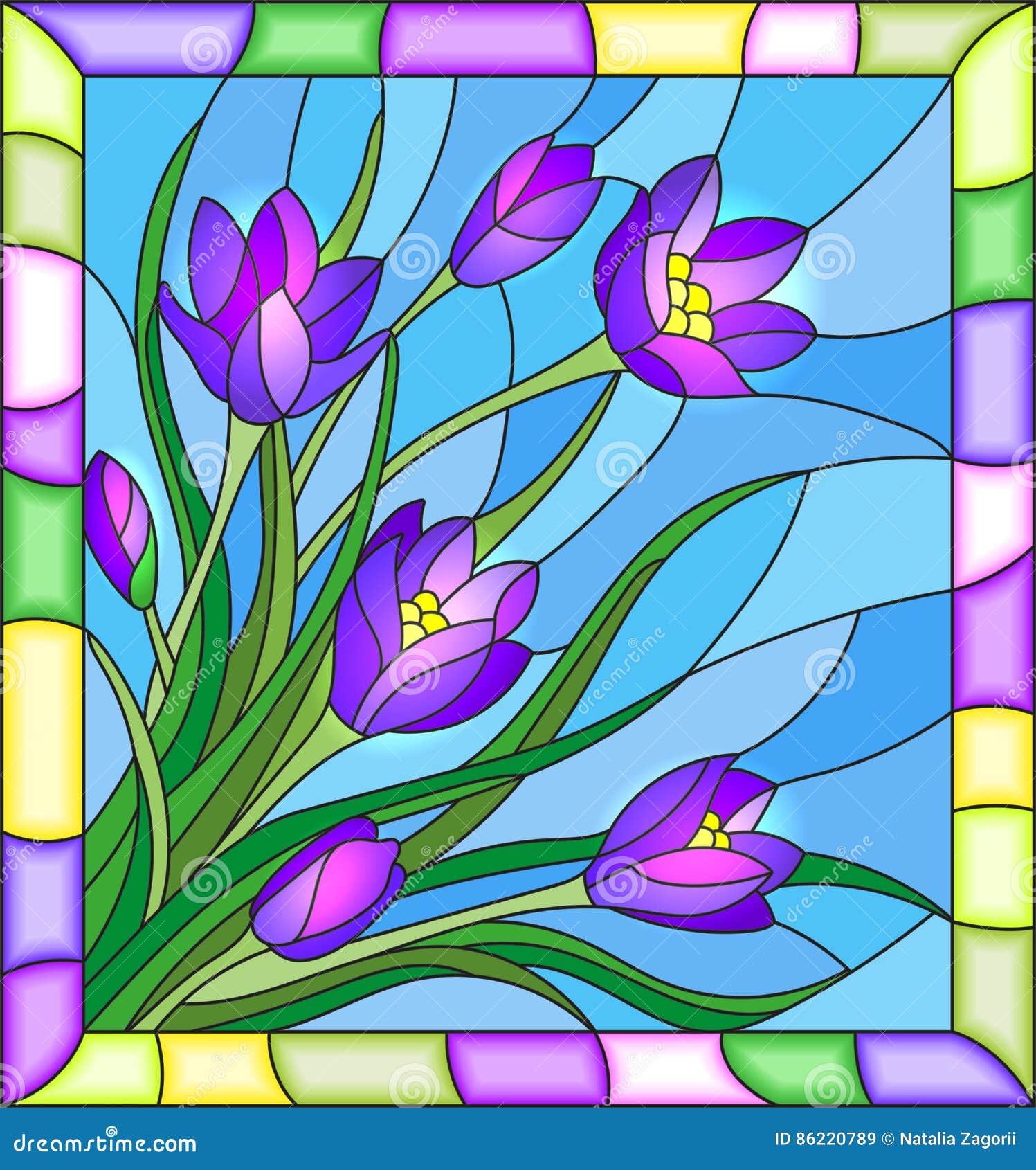 Stained Glass Illustration with Bouquet of Crocuses on a Blue ...