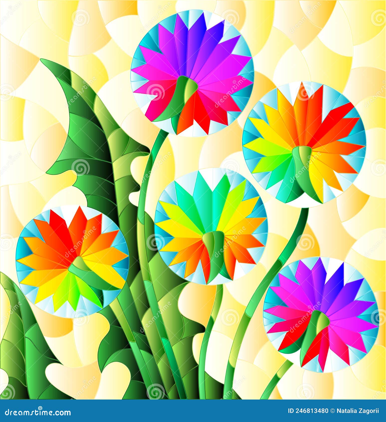 Illustration in the Style of Stained Glass with Bright Abstract Flowers ...