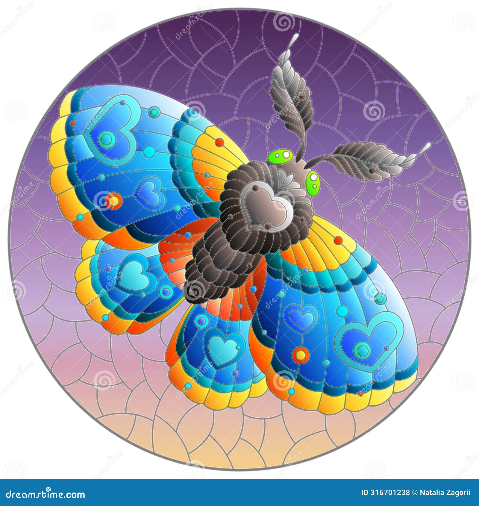 Stained Glass Illustration with a Cute Moth on a Blue Sky Background ...