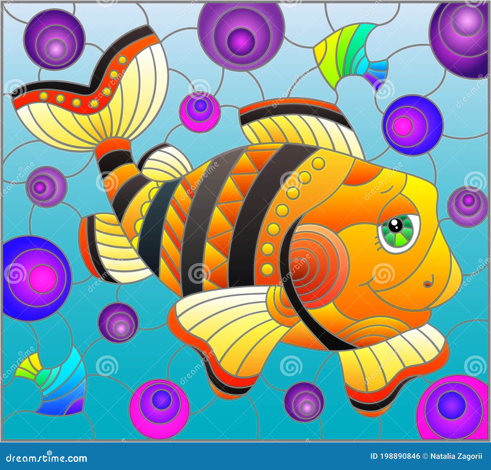 Stained Glass Illustration with a Funny Green Cartoon Clown Fish on a ...