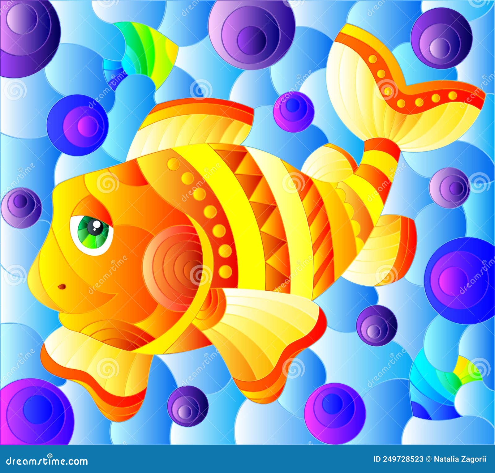 Stained Glass Illustration with a Funny Green Cartoon Clown Fish on a ...