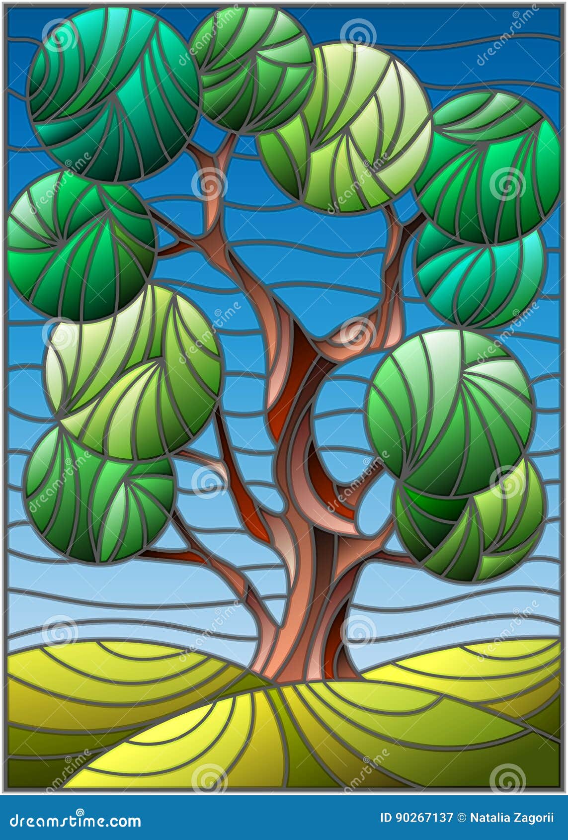 Stained Glass Illustration with Green Abstract Tree on Sky Background ...