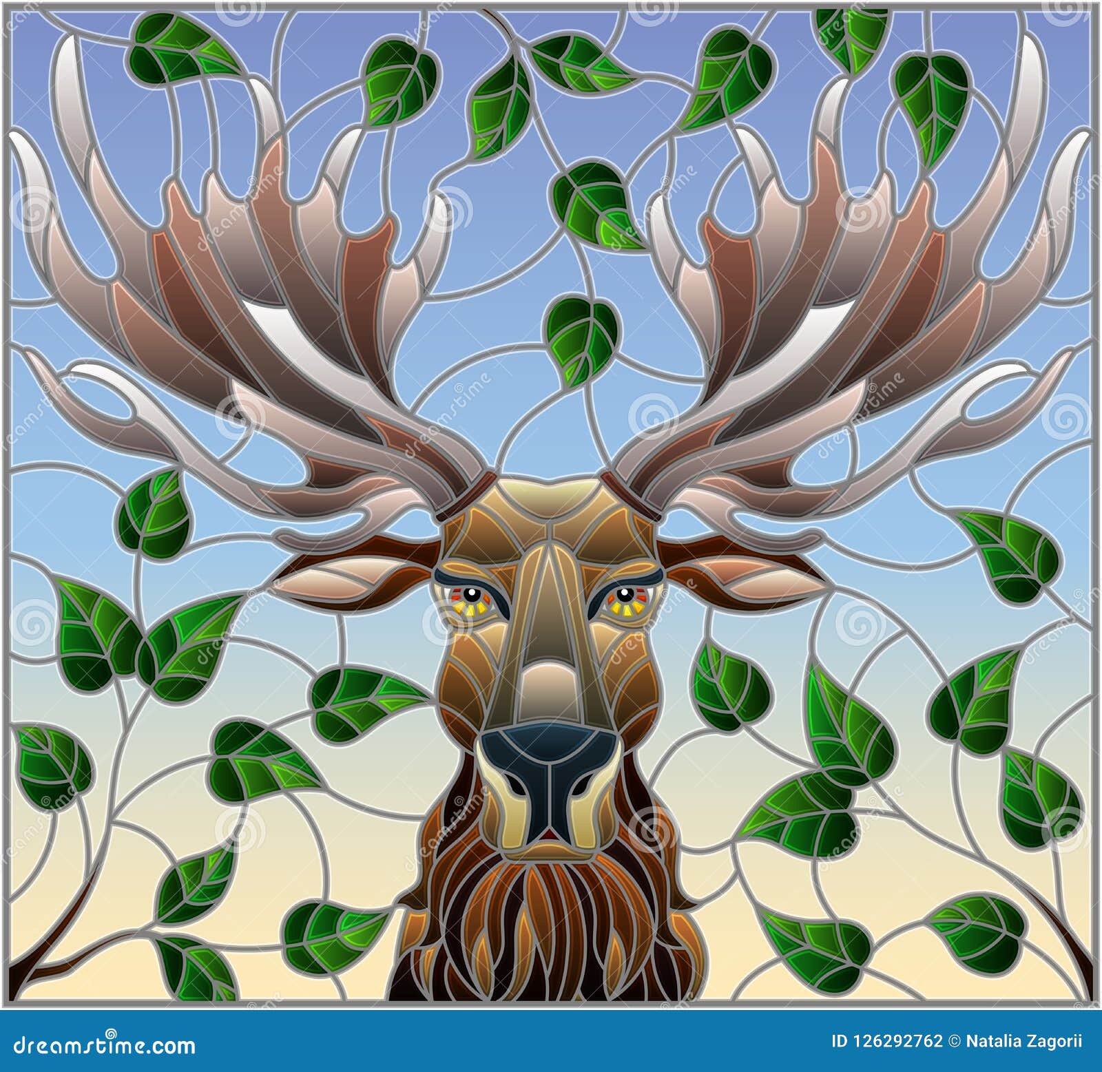 Stained Glass Illustration with Moose Head,on the Background of Tree ...