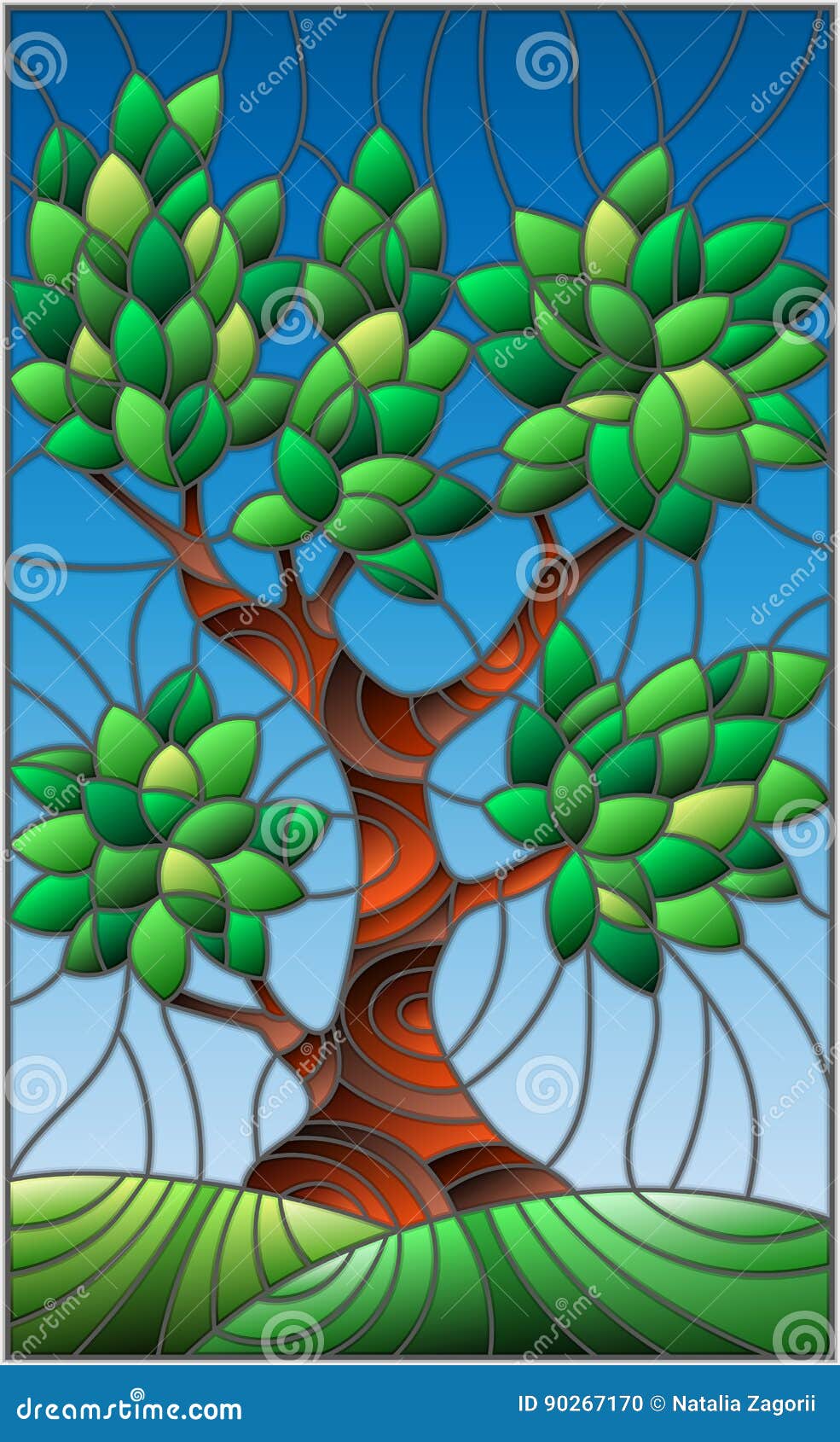 Stained Glass Illustration Oak Tree on Sky Background Stock Vector ...