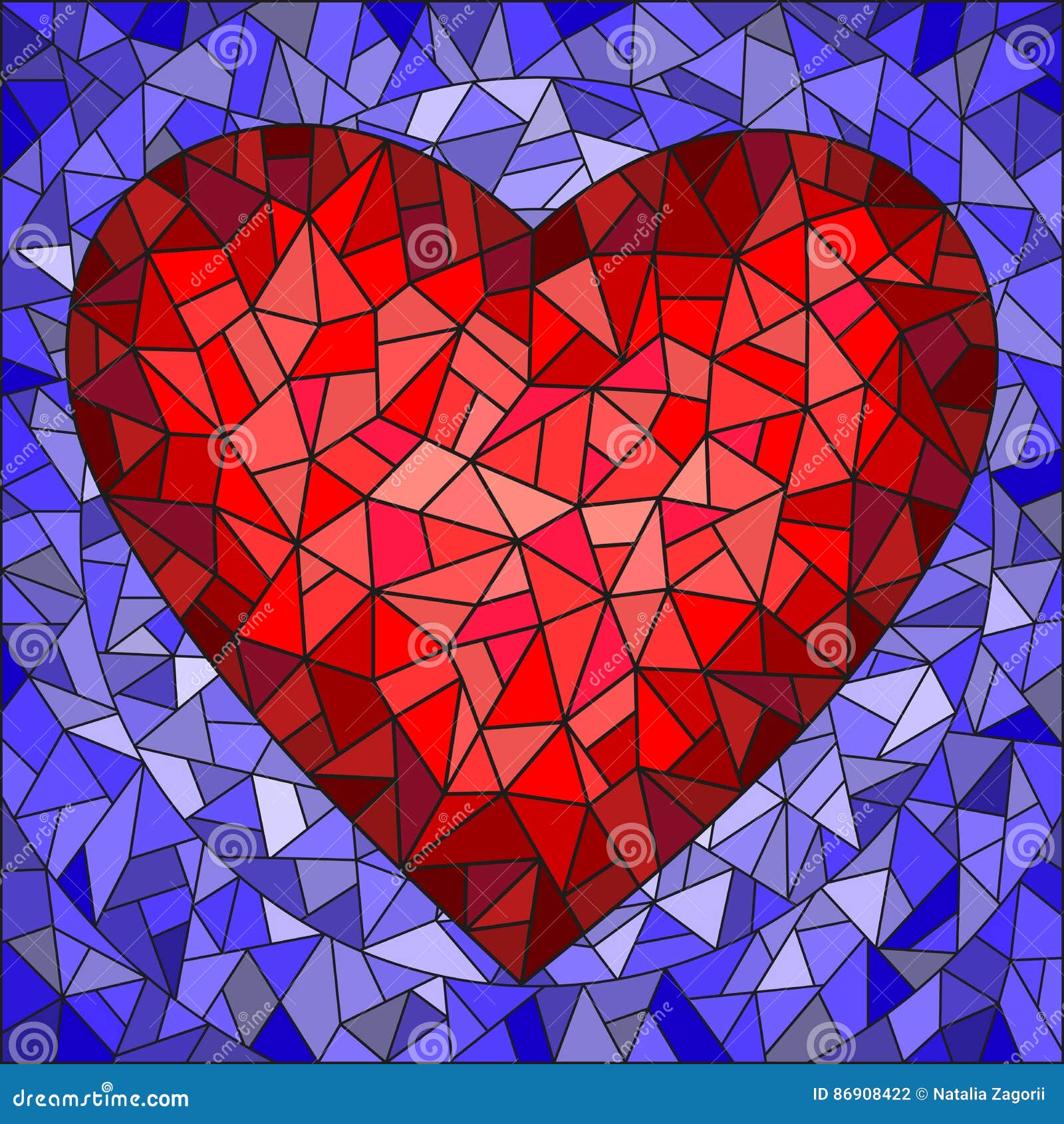 Stained Glass Illustration With Red Heart On Blue Background Stock