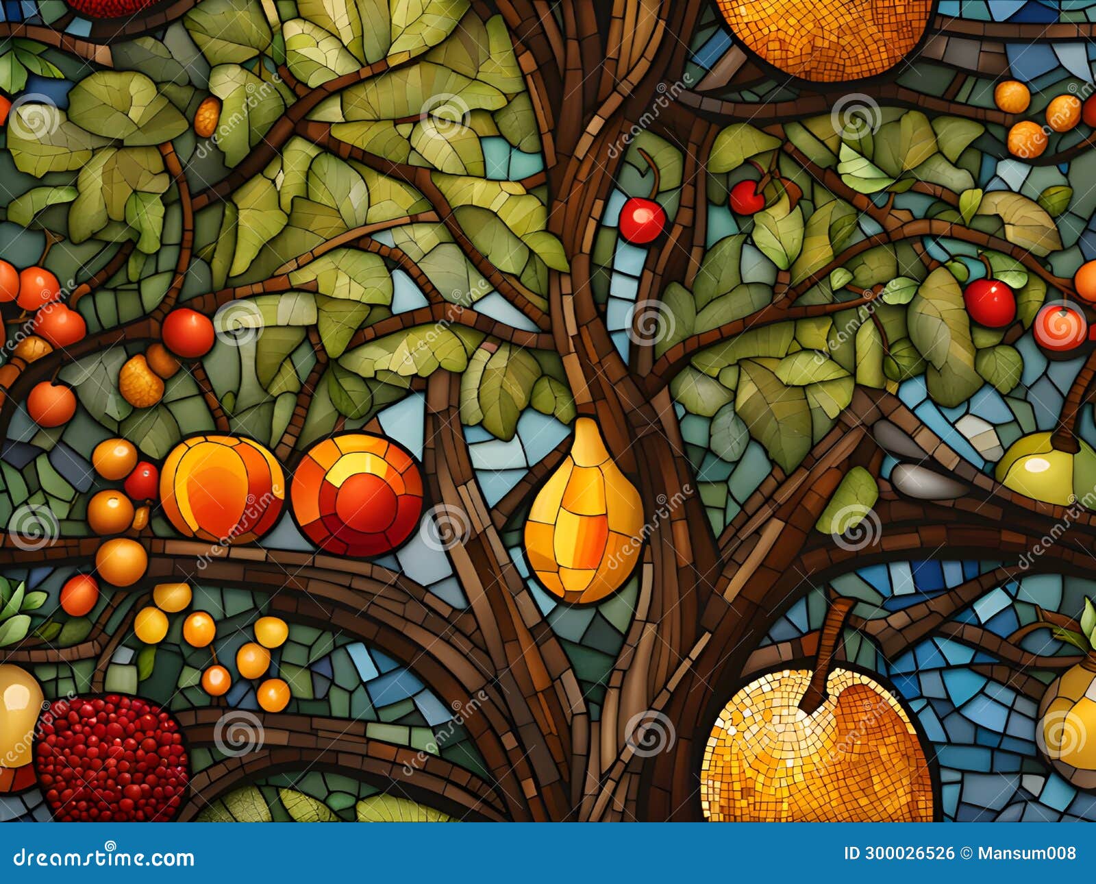 Stained Glass Illustration of a Tree with Fruits and Berries Stock ...
