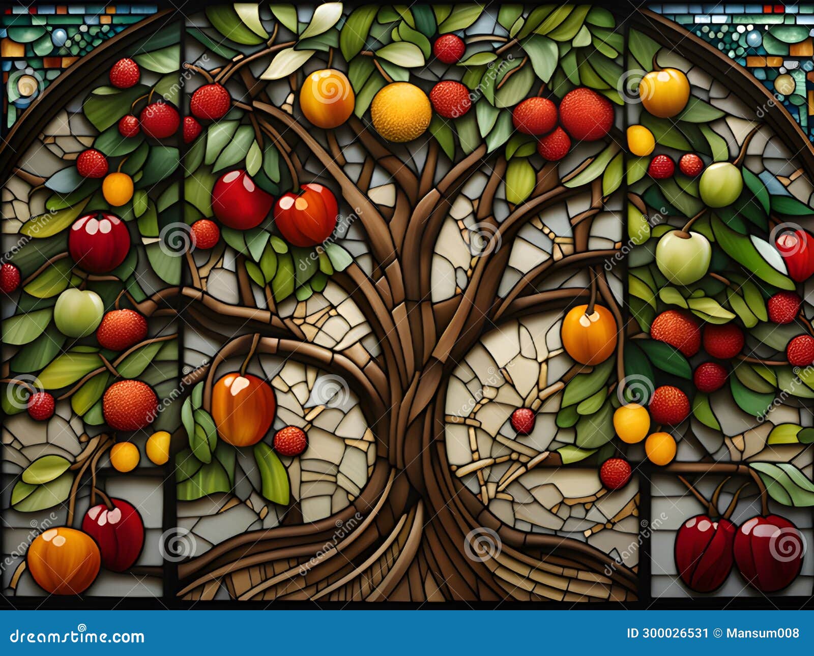 Stained Glass Illustration of a Tree with Fruits and Berries Stock ...