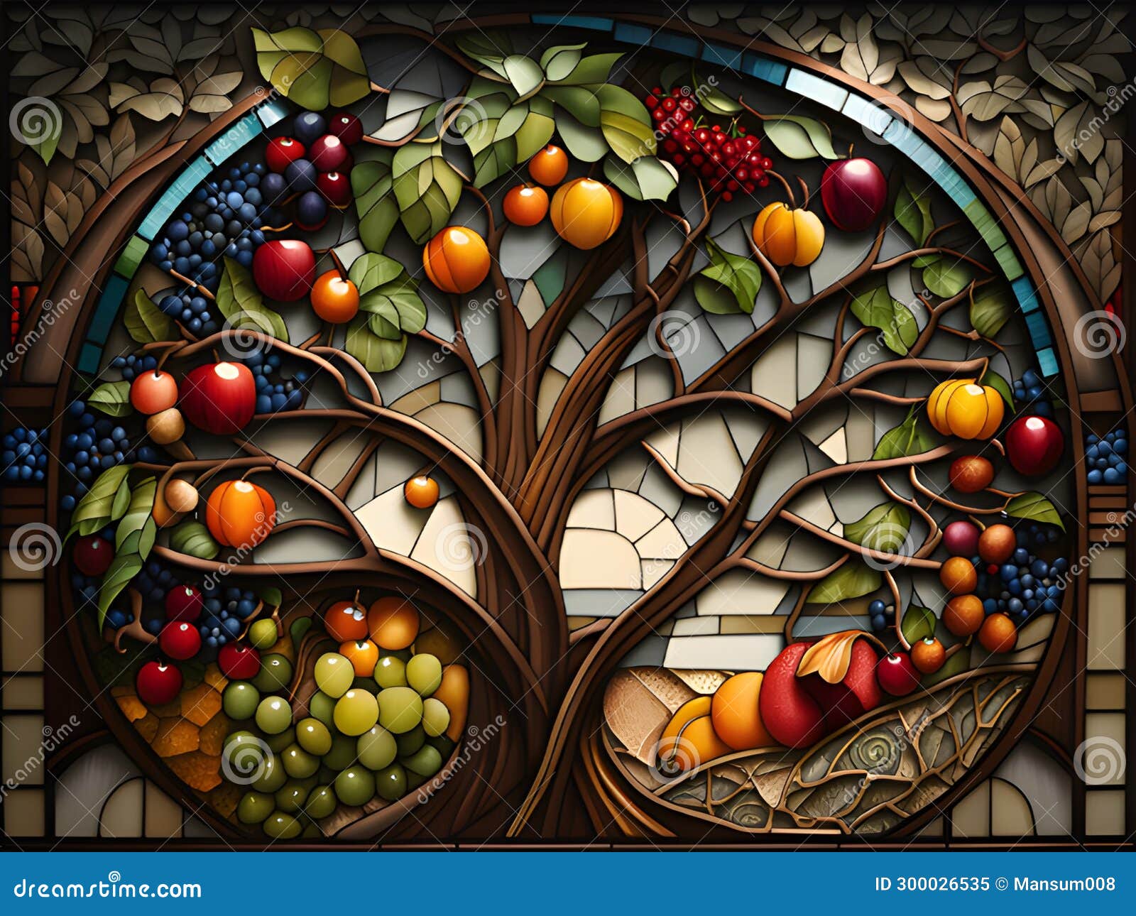 Stained Glass Illustration of a Tree with Fruits and Berries Stock ...