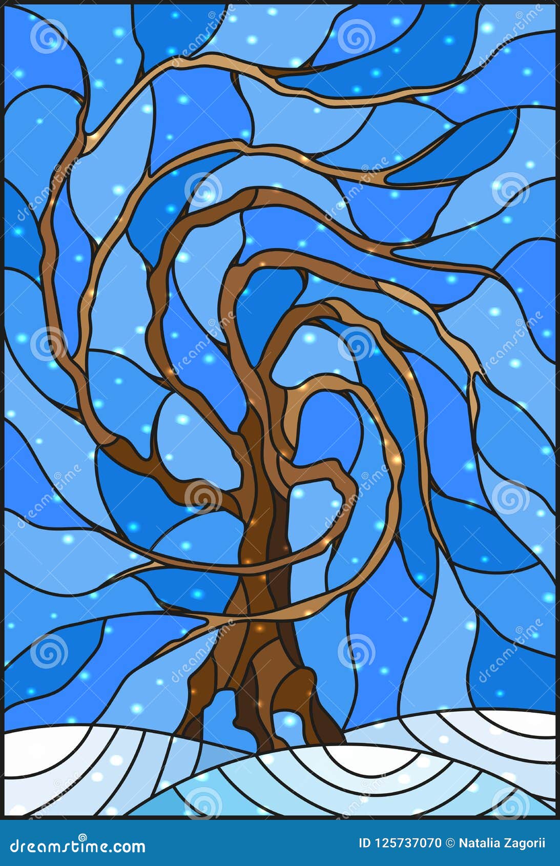 Stained Glass Illustration with Winter Tree on Sky Background with Snow ...