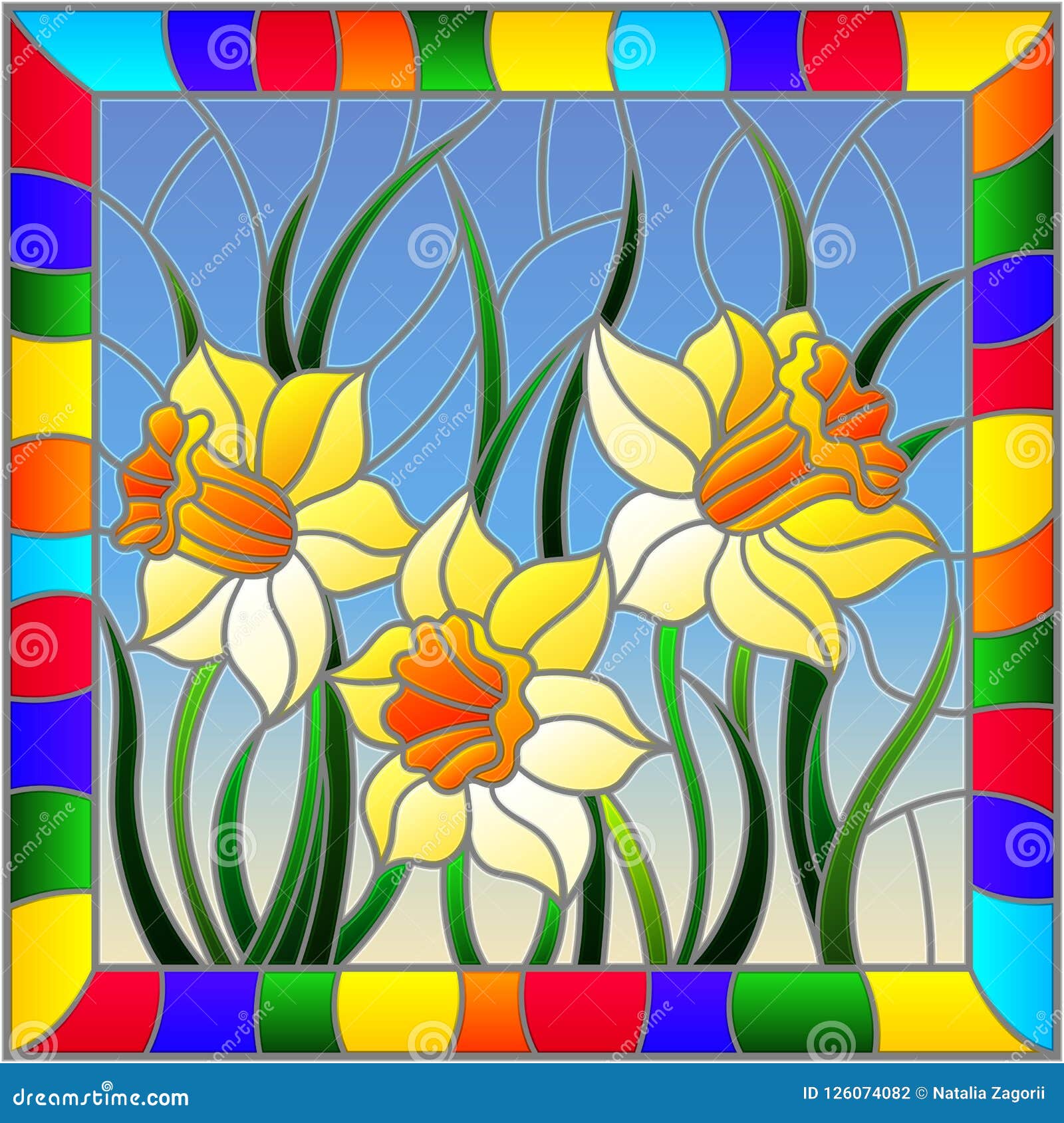 Stained Glass Illustration with Yellow Daffodils on Blue Background in ...