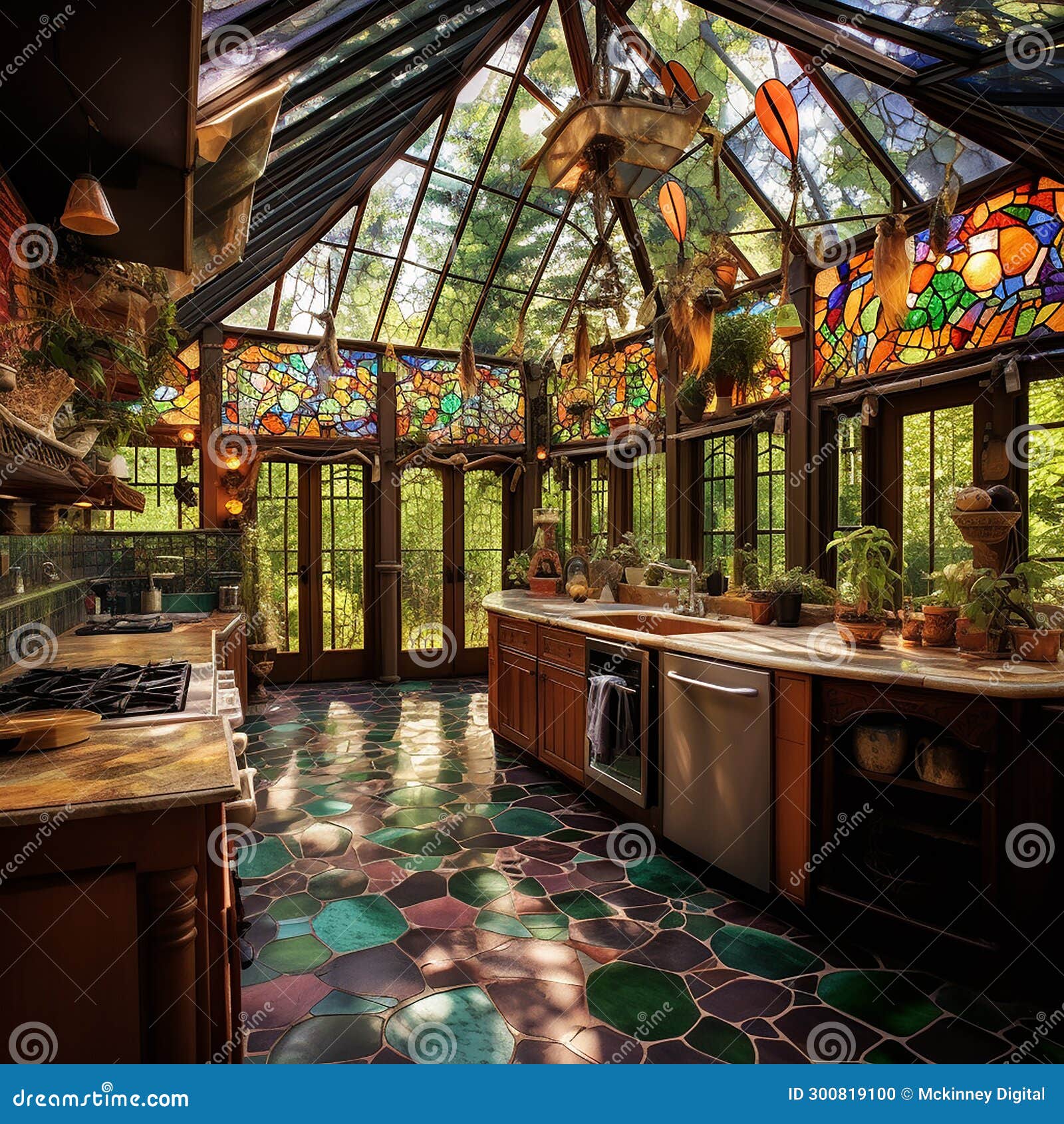 Stained Glass Interior Kitchen Design Concept. Stock Illustration ...