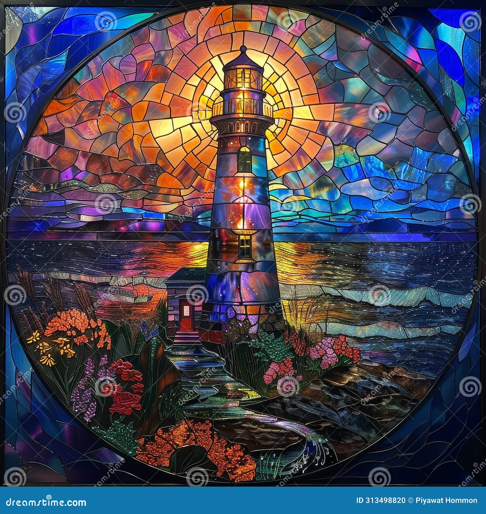 A Stained Glass Lighthouse Masterpiece Stock Illustration ...