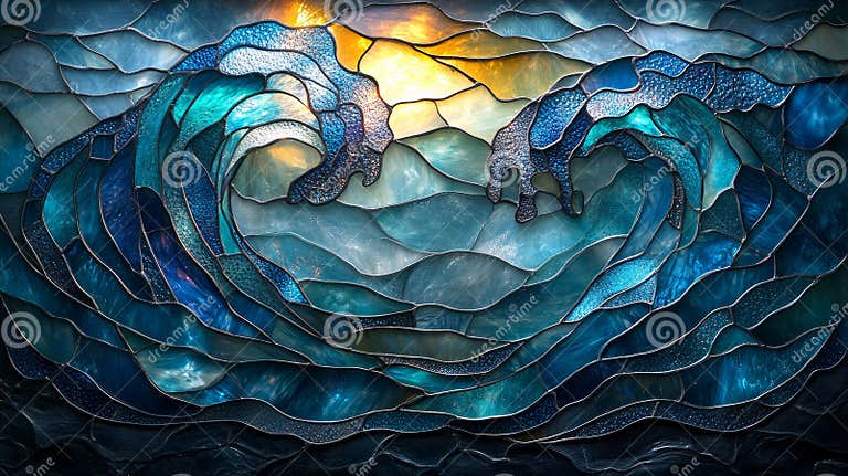 Stained Glass Ocean Waves Lit by Sunlight, Artistic Expression Stock ...
