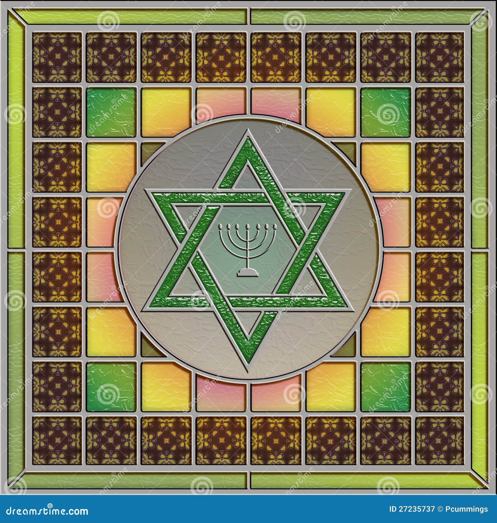Stained Glass Panel with Star of David and Menorah Stock Illustration ...