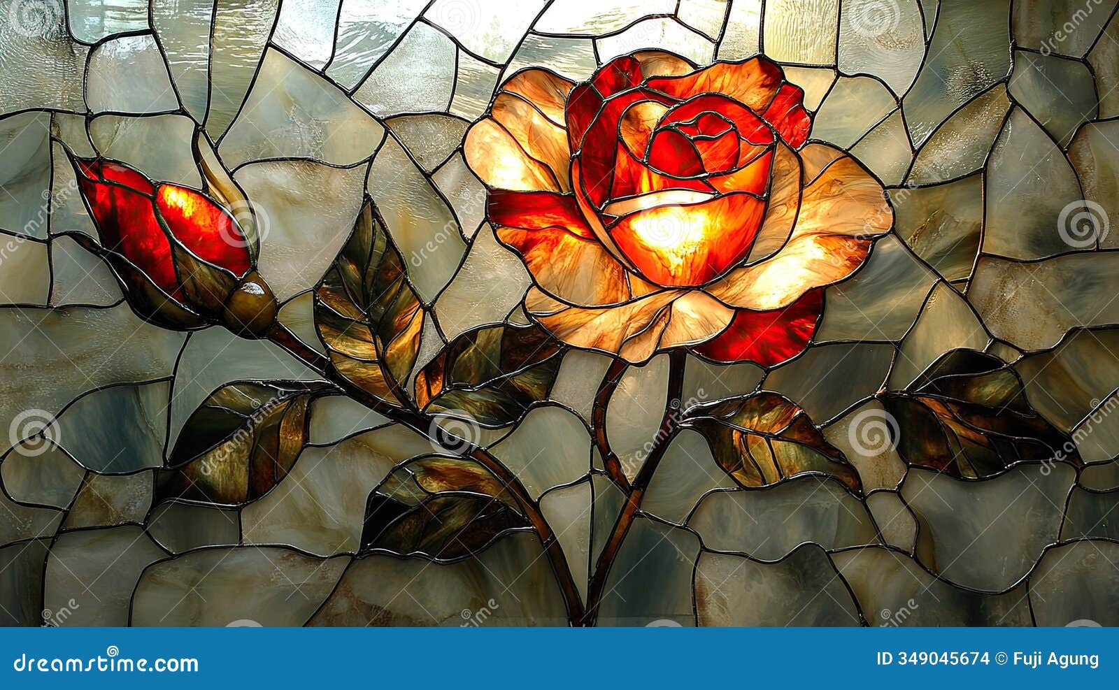Stained Glass Rose Window Art with a Red Rose and Bud Stock ...