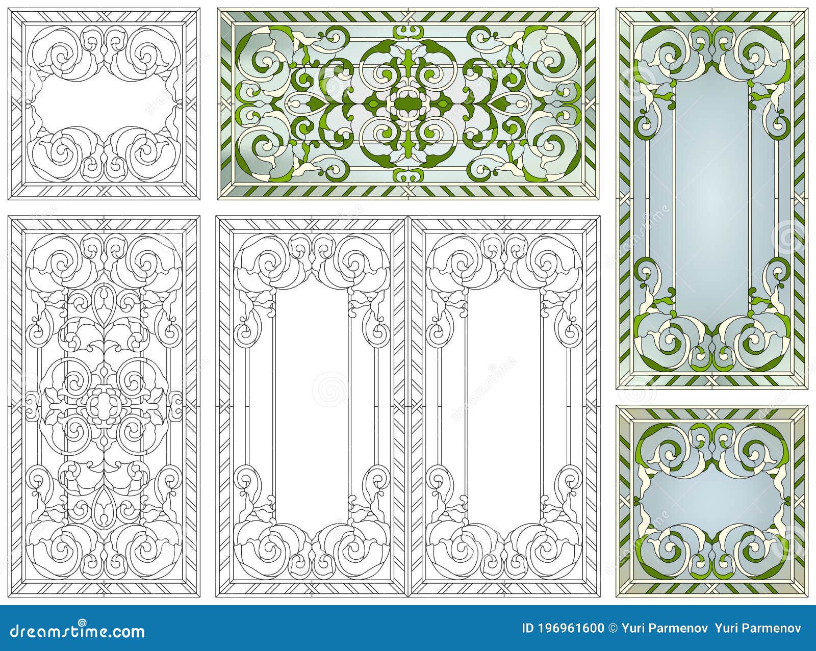 Stained Glass Set. Abstract Geometric Floral Pattern in a Rectangular ...