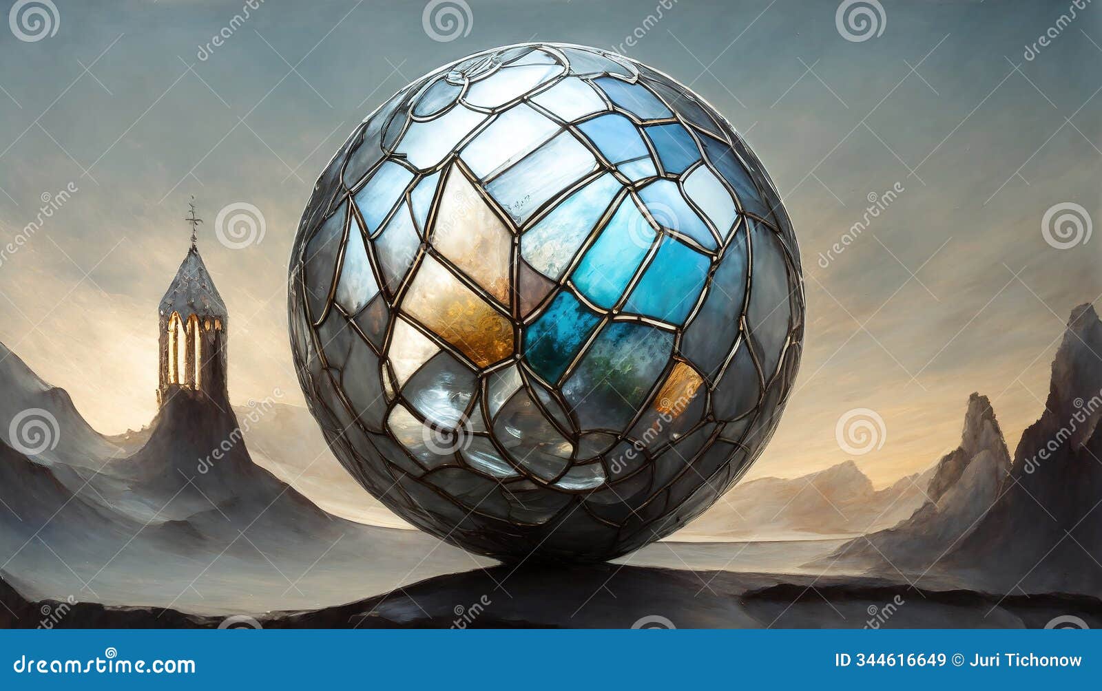 A Stained Glass Sphere in a Surreal Landscape with Mountains and a ...