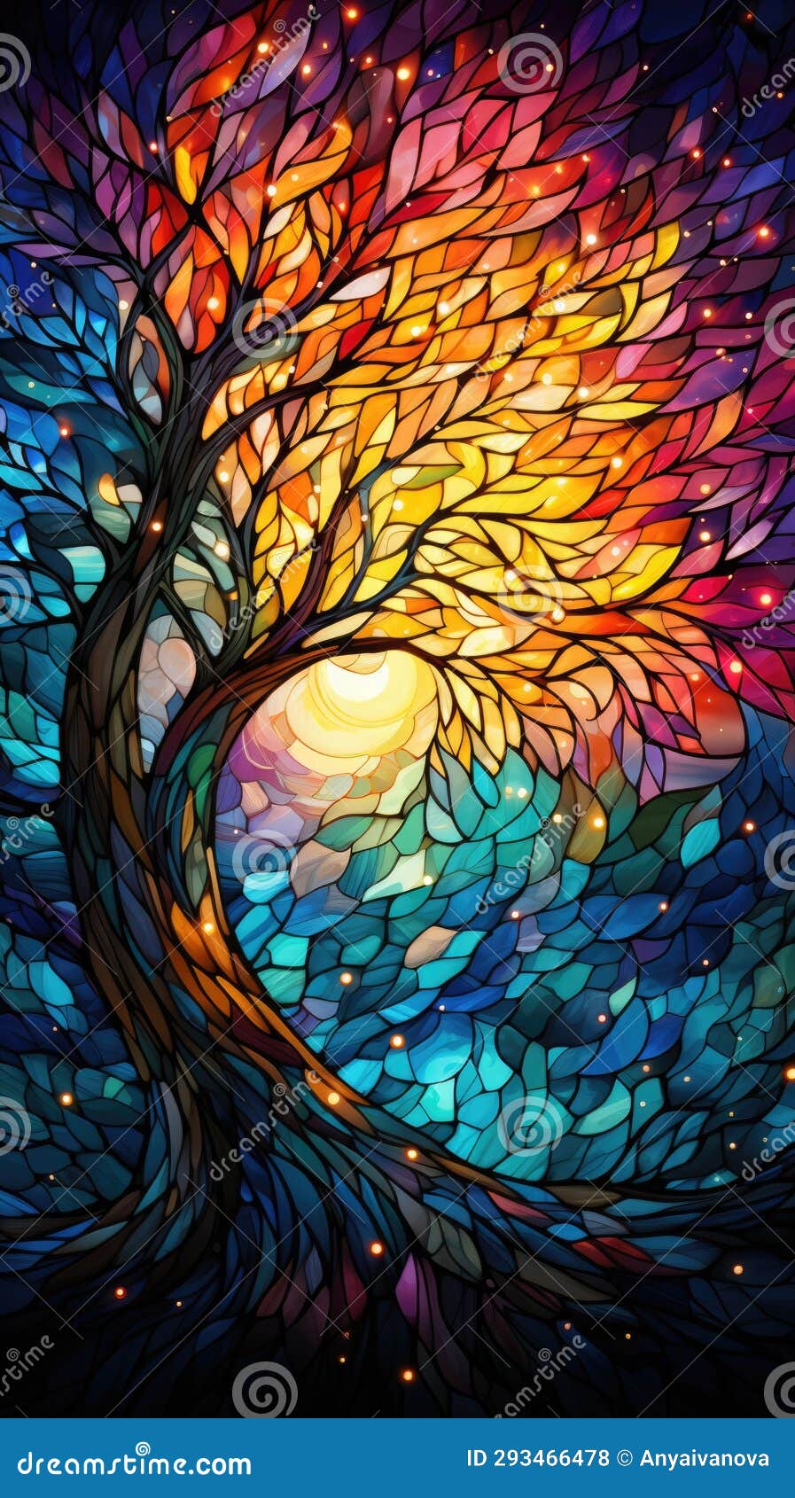 A Stained Glass Tree on a Black Background. Stock Photo - Image of leaf ...