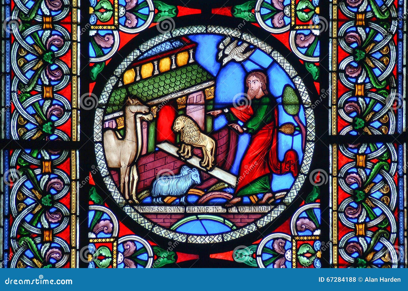 Stained Glass Window Of The Animals Going Into Noahs Ark Stock ...