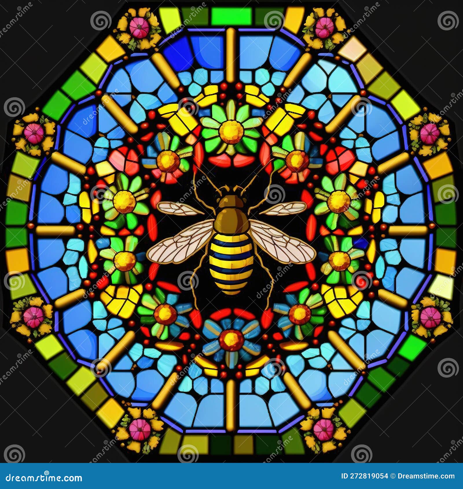 Stained Glass Window with Bee. Generative AI Stock Illustration ...