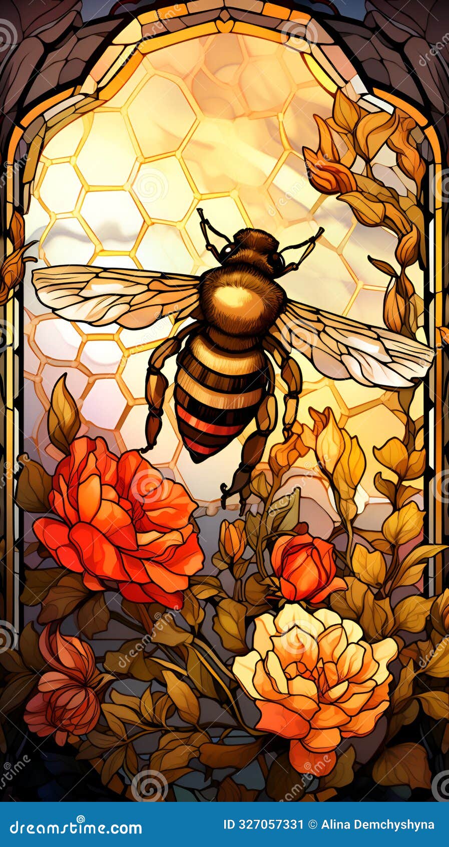 Stained Glass Window with a Bee and Vibrant Flowers Stock Illustration ...