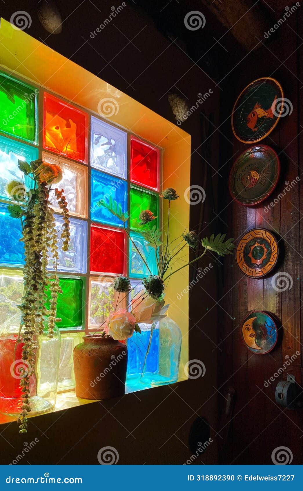 Stained Glass Window of Colored Glass Blocks in a Dark Room Stock Photo ...