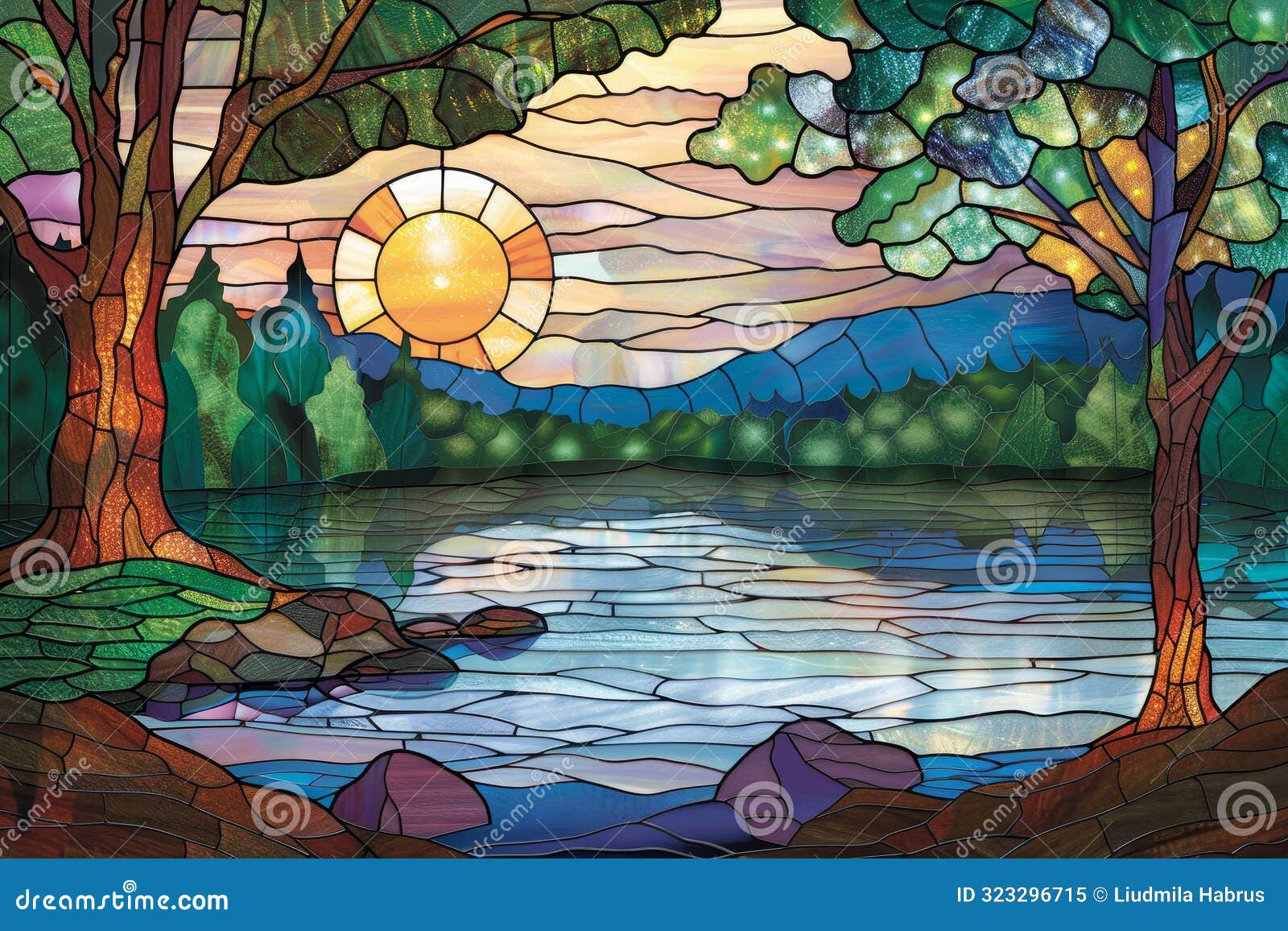 A Stained Glass Window of a Forest with a Lake and a Sun Stock Image ...