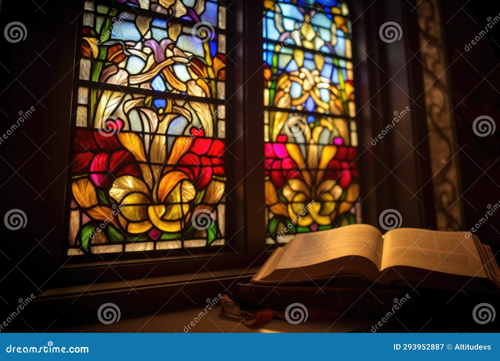 Stained Glass Window Illuminating an Antique Scripture Stock Image ...