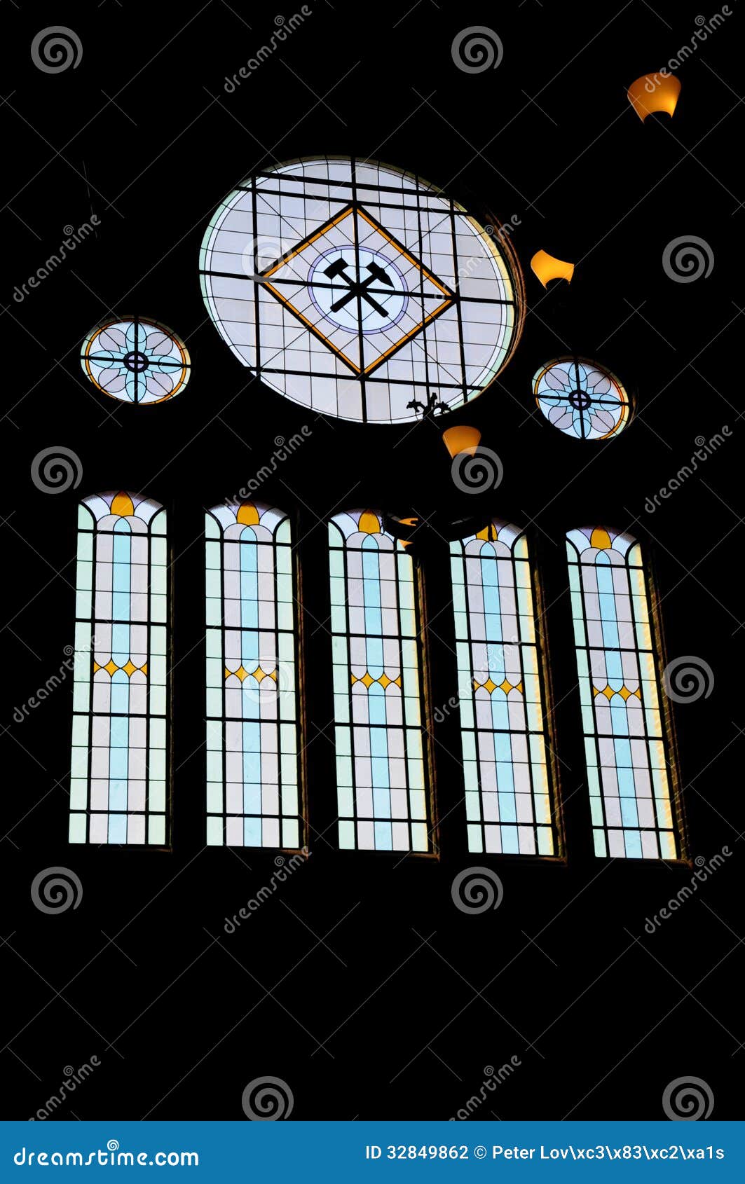 Stained glass window. stock photo. Image of mining, colors - 32849862