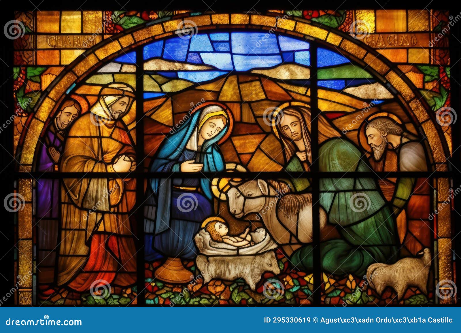 Stained Glass Window with Motifs of the Nativity of Jesus. Stock ...