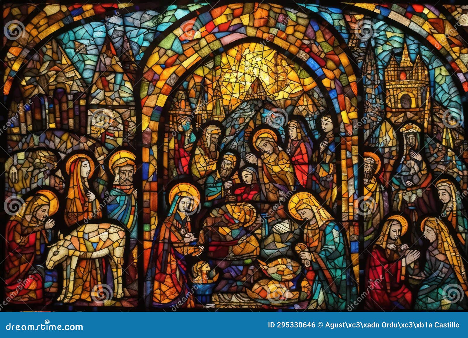 Stained Glass Window with Motifs of the Nativity of Jesus. Stock ...