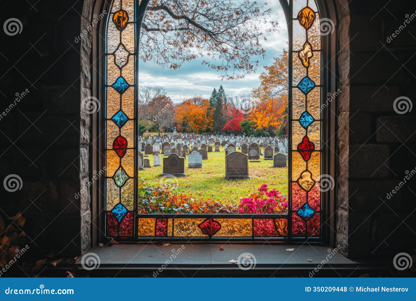 Stained Glass Window Overlooking Cemetery in Autumn Stock Photo - Image ...
