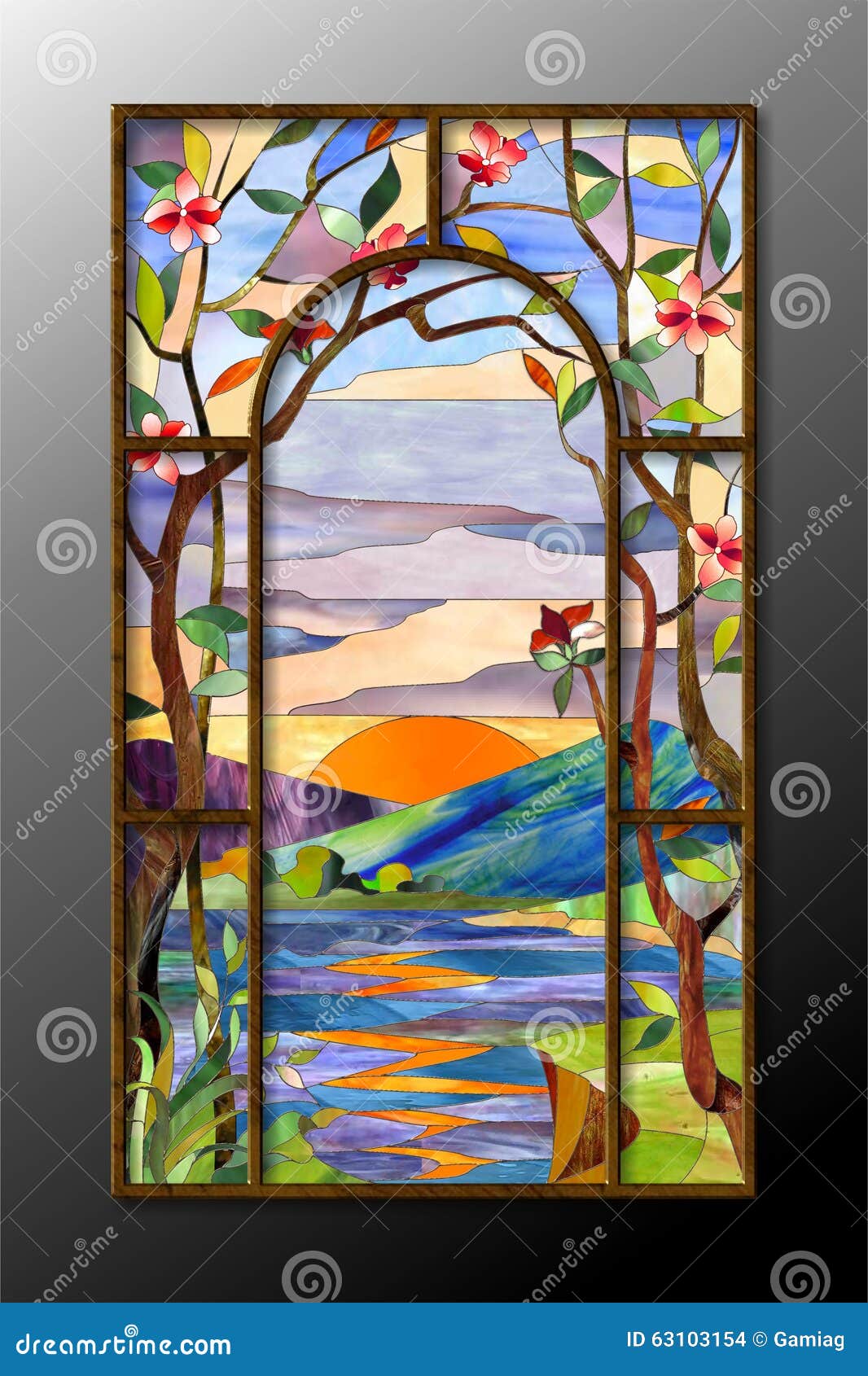 Stained Glass Illustration With The Meandering River On A Background Of ...