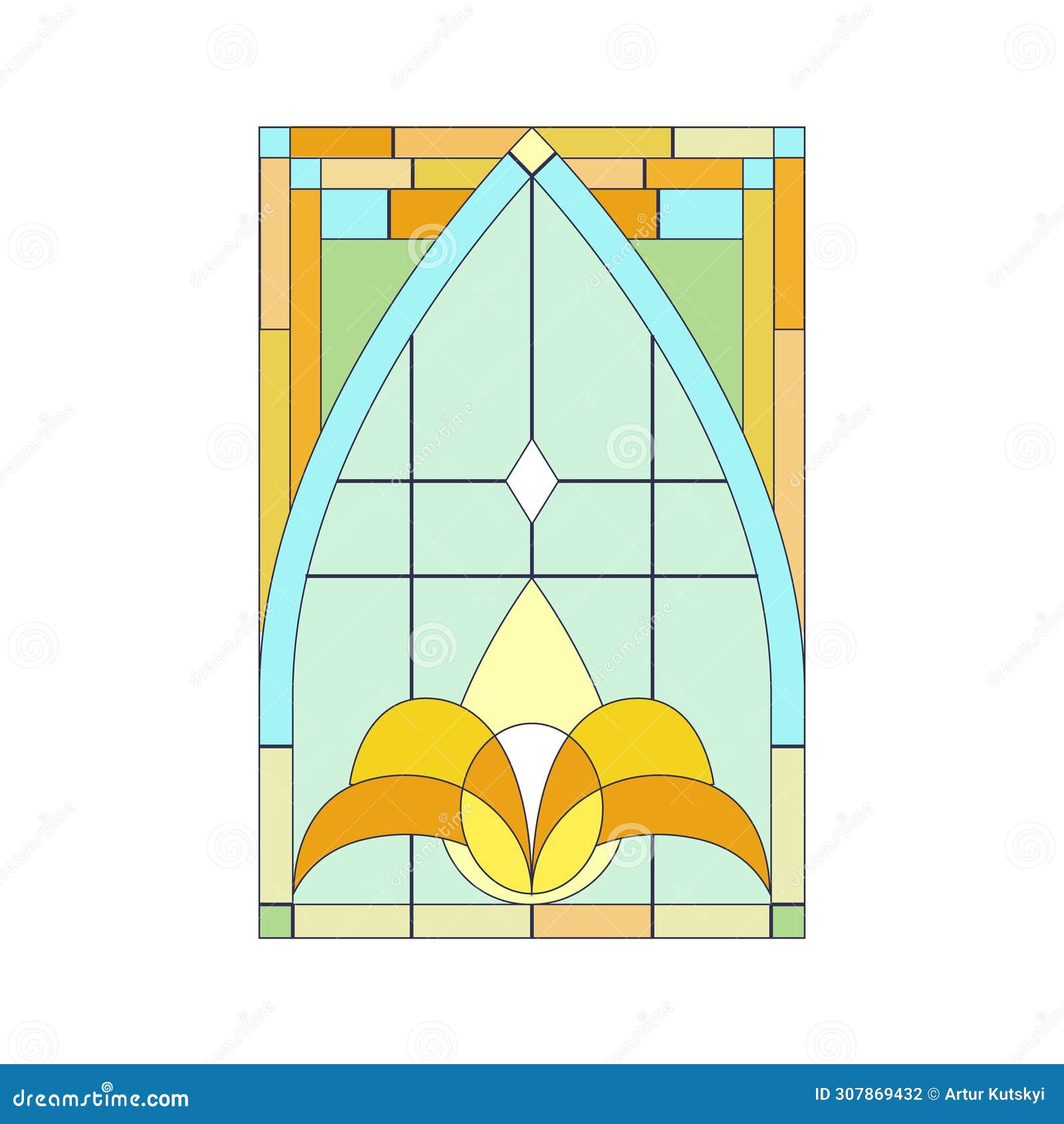 Stained Glass Window of Rectangular Shape with Arch and Colorful Mosaic ...