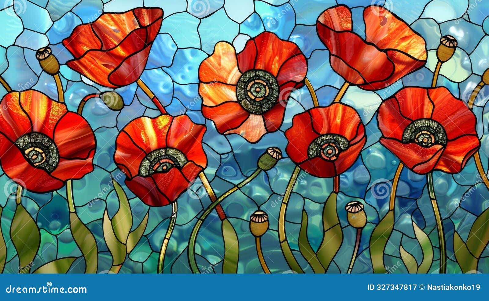 Stained Glass Window with Red Poppies in a Field Stock Image - Image of ...
