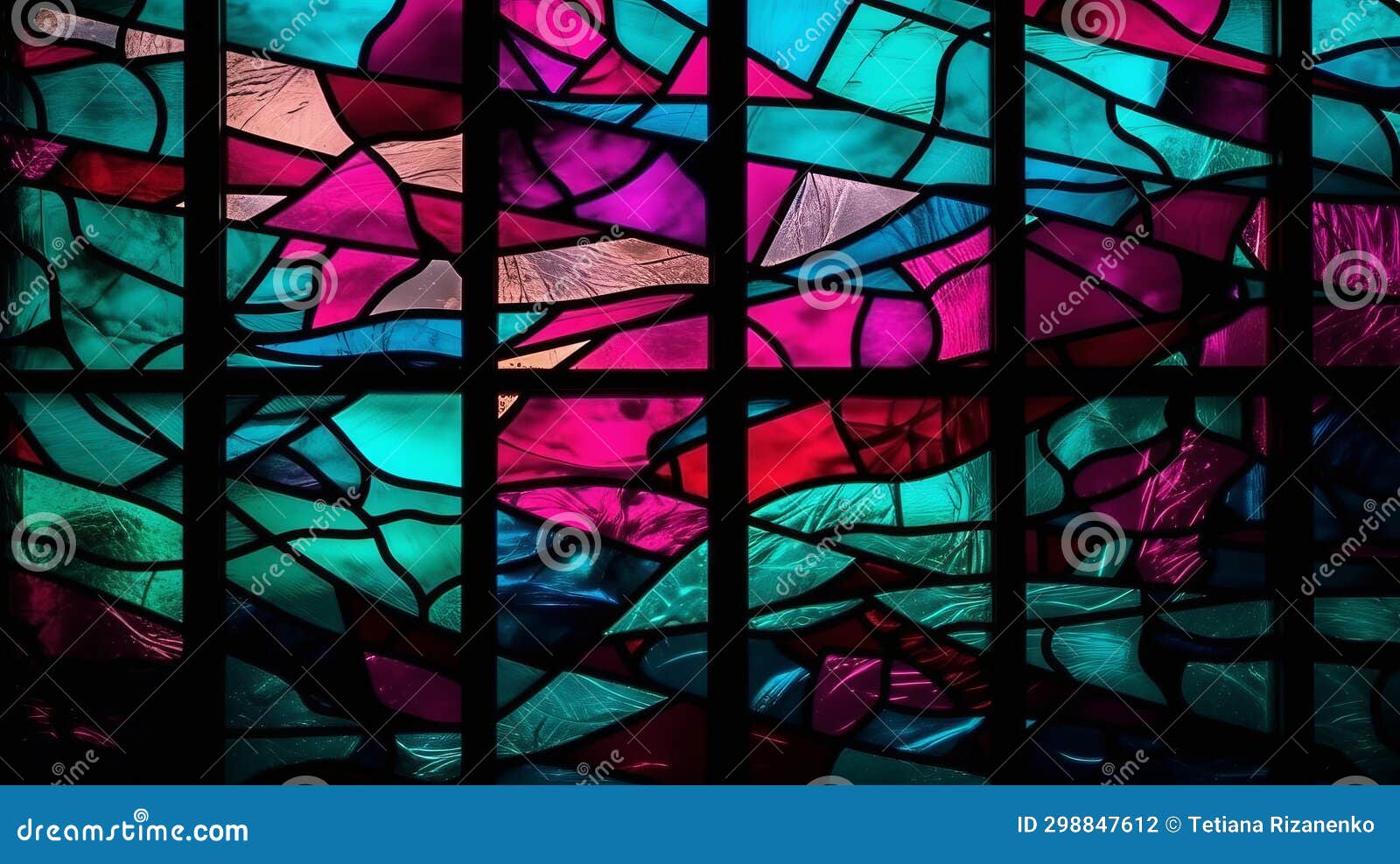 Stained Glass Window Texture Pattern. Abstract Cyan and Magenta ...