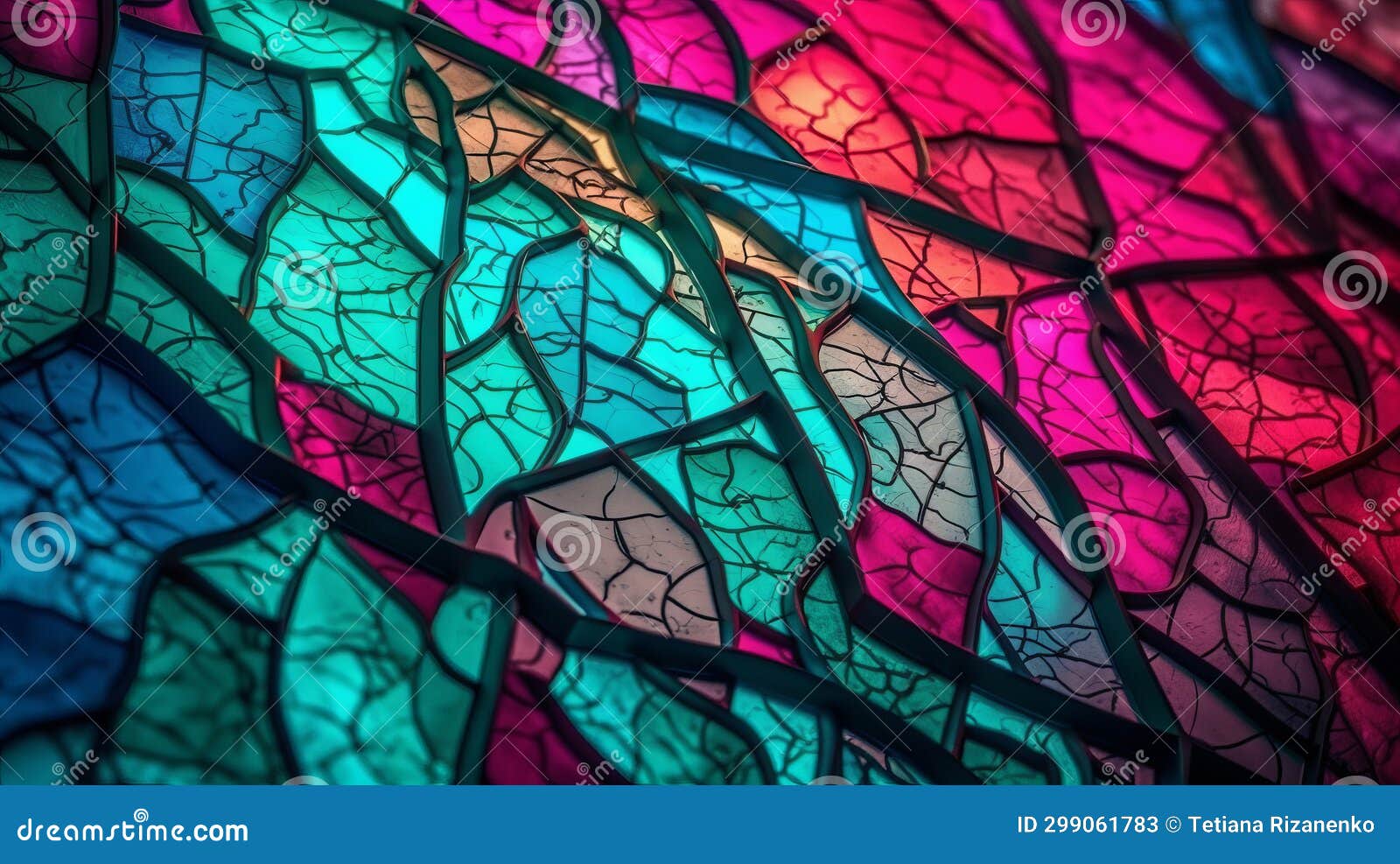 Stained Glass Window Texture Pattern. Bright Abstract Cyan and Magenta ...
