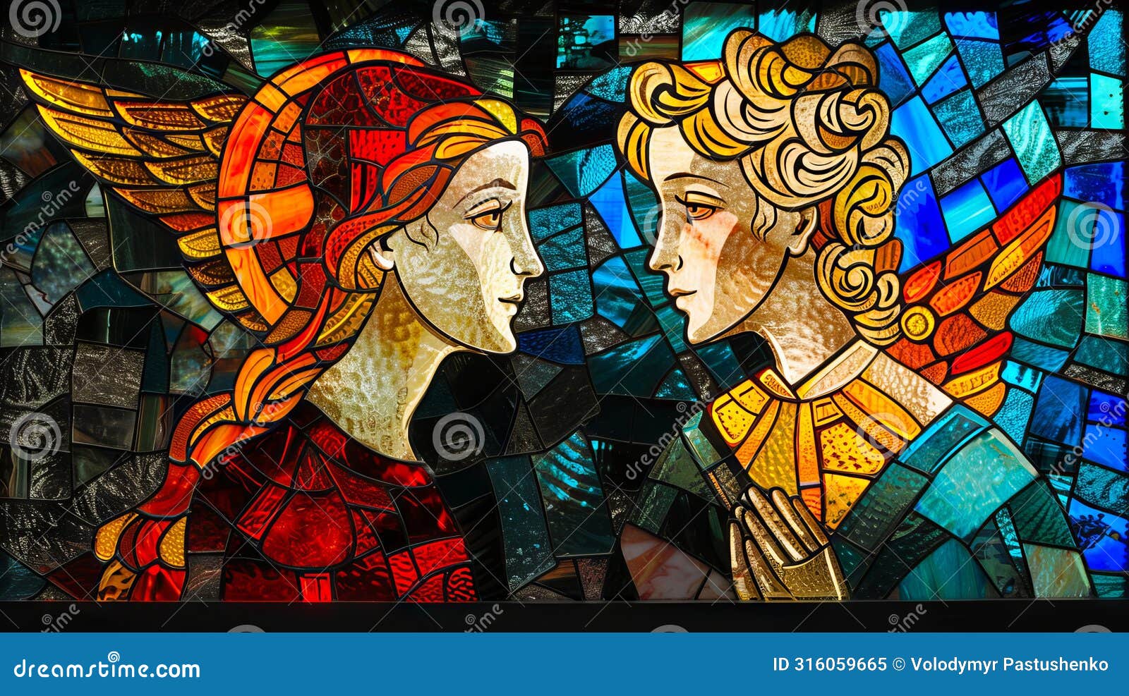 A Stained Glass Window with Two Angels Looking at Each Other Stock ...